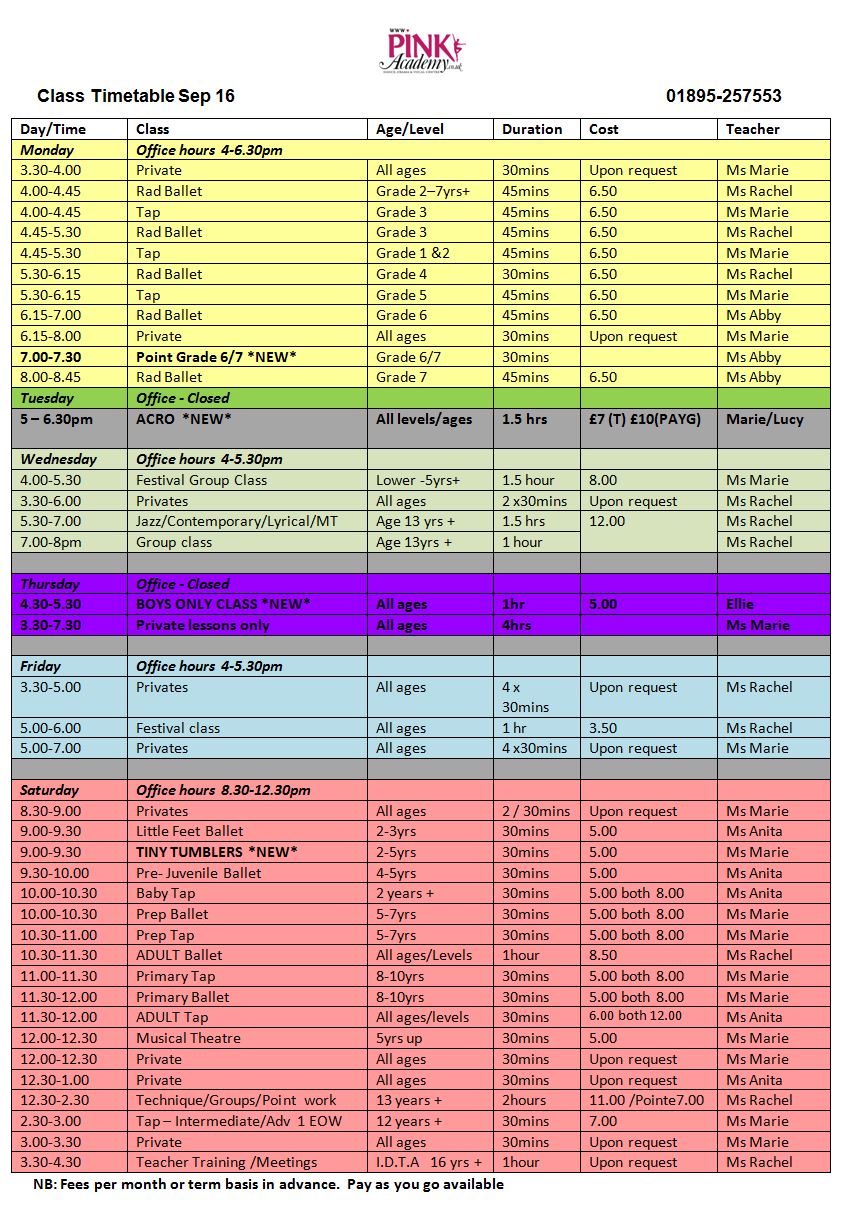 Timetable – September – Performing Arts Studio